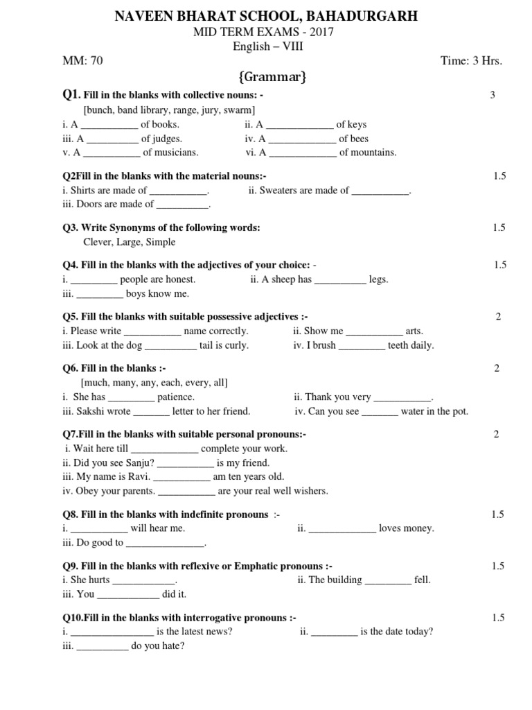 English VIII Question Paper | PDF | Adverb | Verb