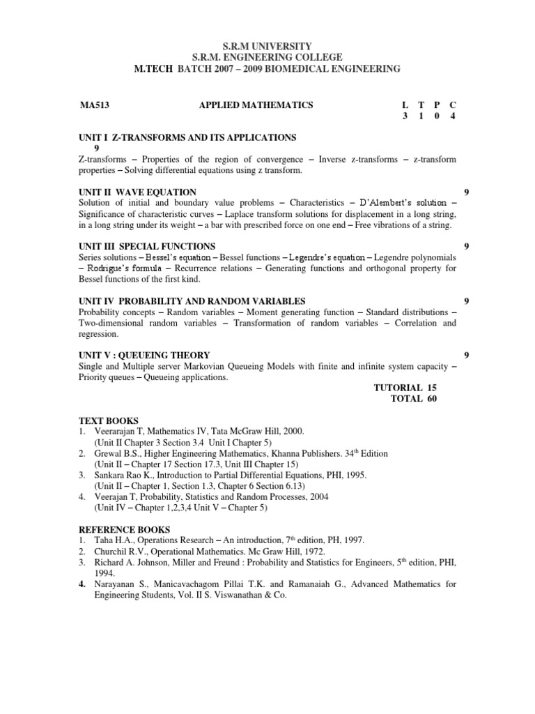 SRM University Applied Mathematics MA513 Syllabus | PDF | Equations ...
