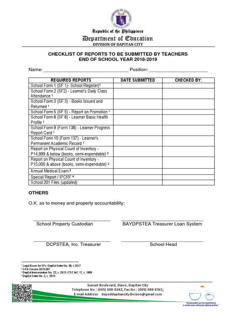 Department of Education: Checklist of Reports To Be Submitted by ...