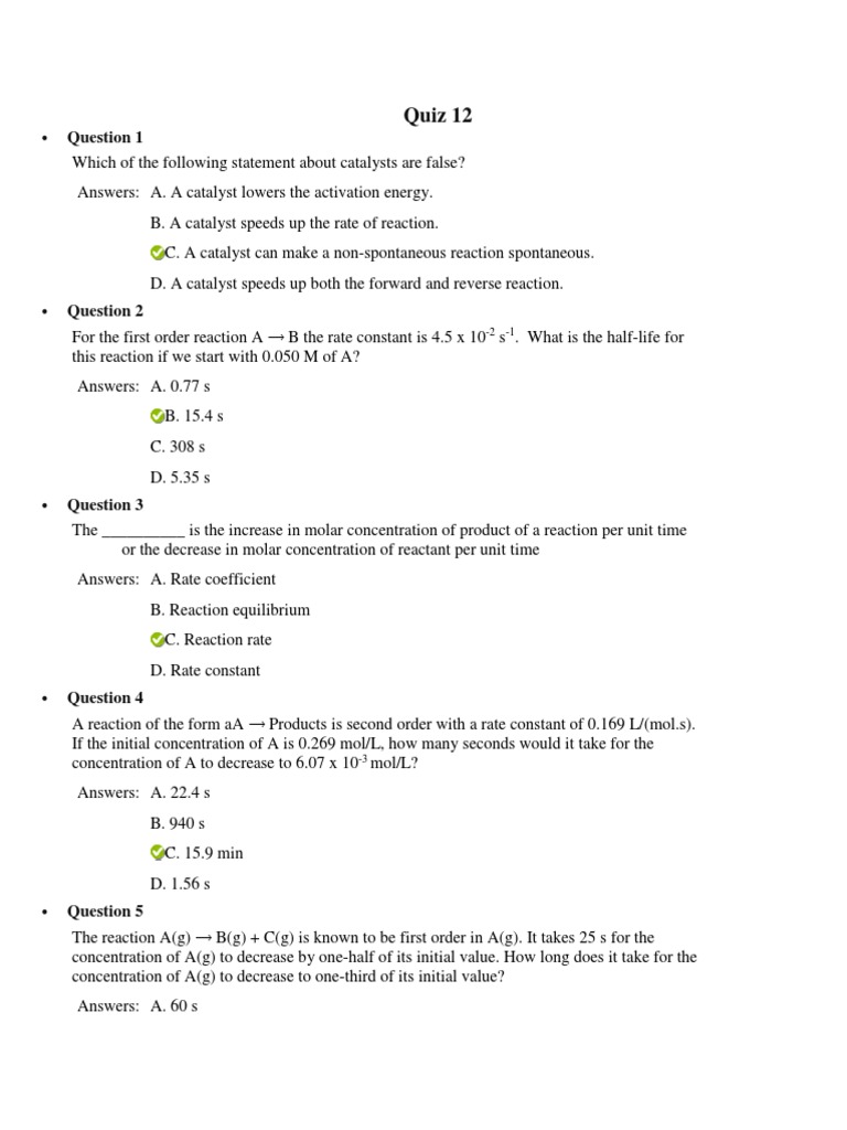Quiz 12: Rate Laws and Reaction Orders | PDF | Reaction Rate | Chemical ...