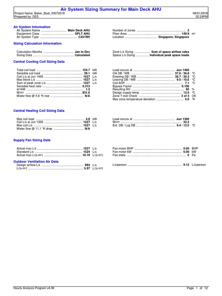 Air System Sizing Summary For Main Deck AHU | PDF | Hvac | Air Conditioning