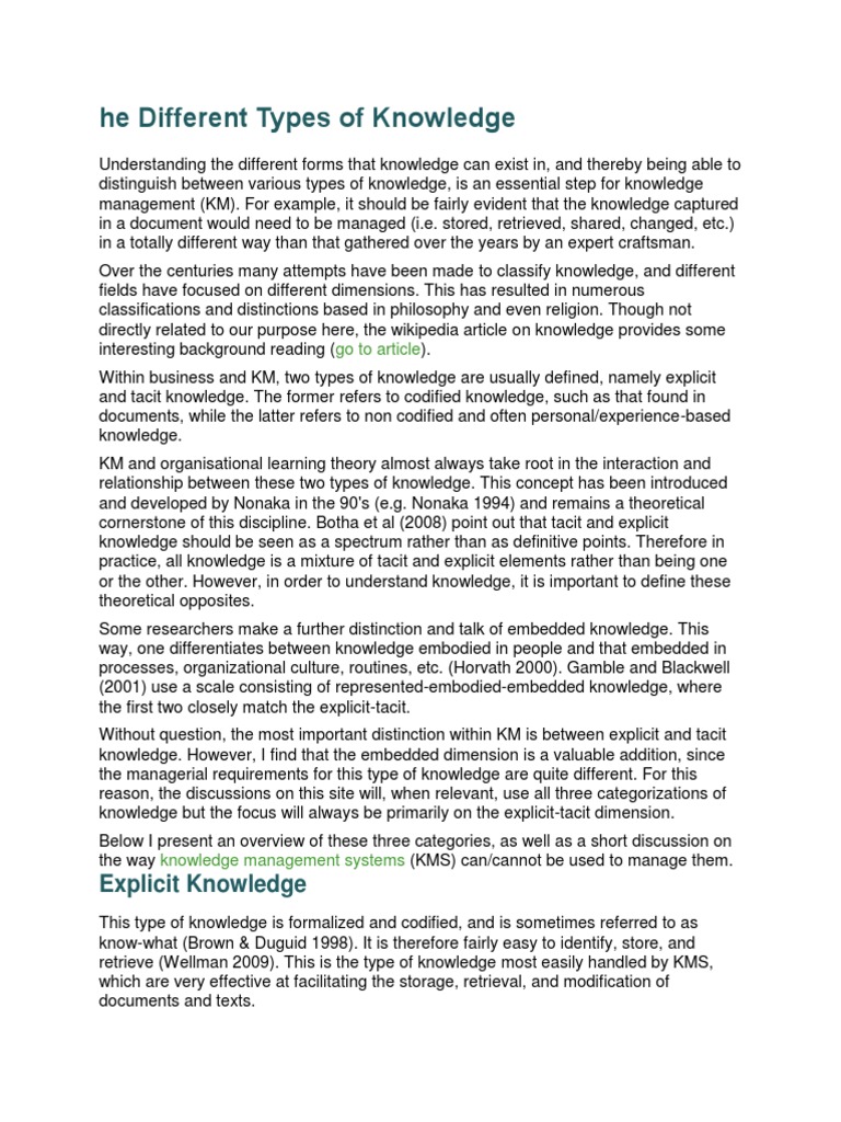 He Different Types of Knowledge | PDF | Tacit Knowledge | Knowledge ...