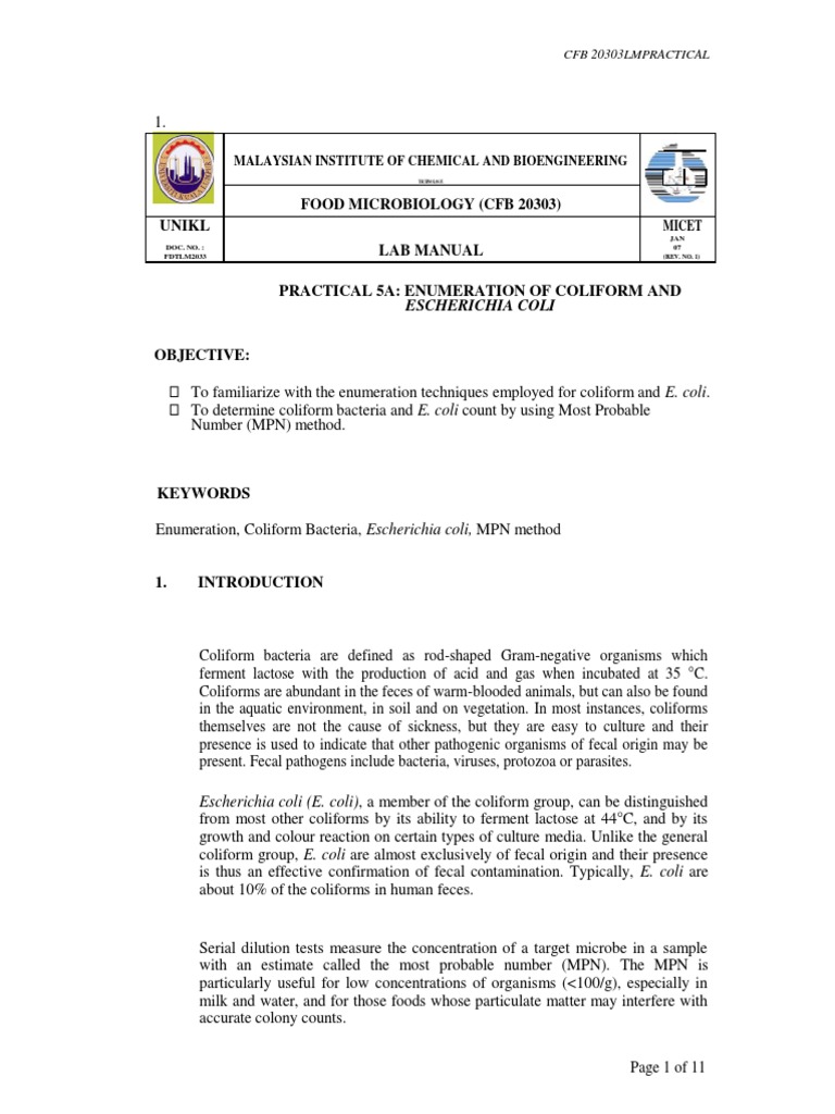 Coliform and E. coli Enumeration Techniques | PDF | Colony Forming Unit ...