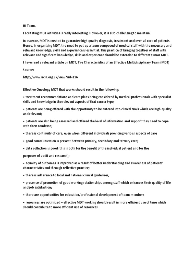 Effective Oncology MDT That Works Should Result in The Following | PDF