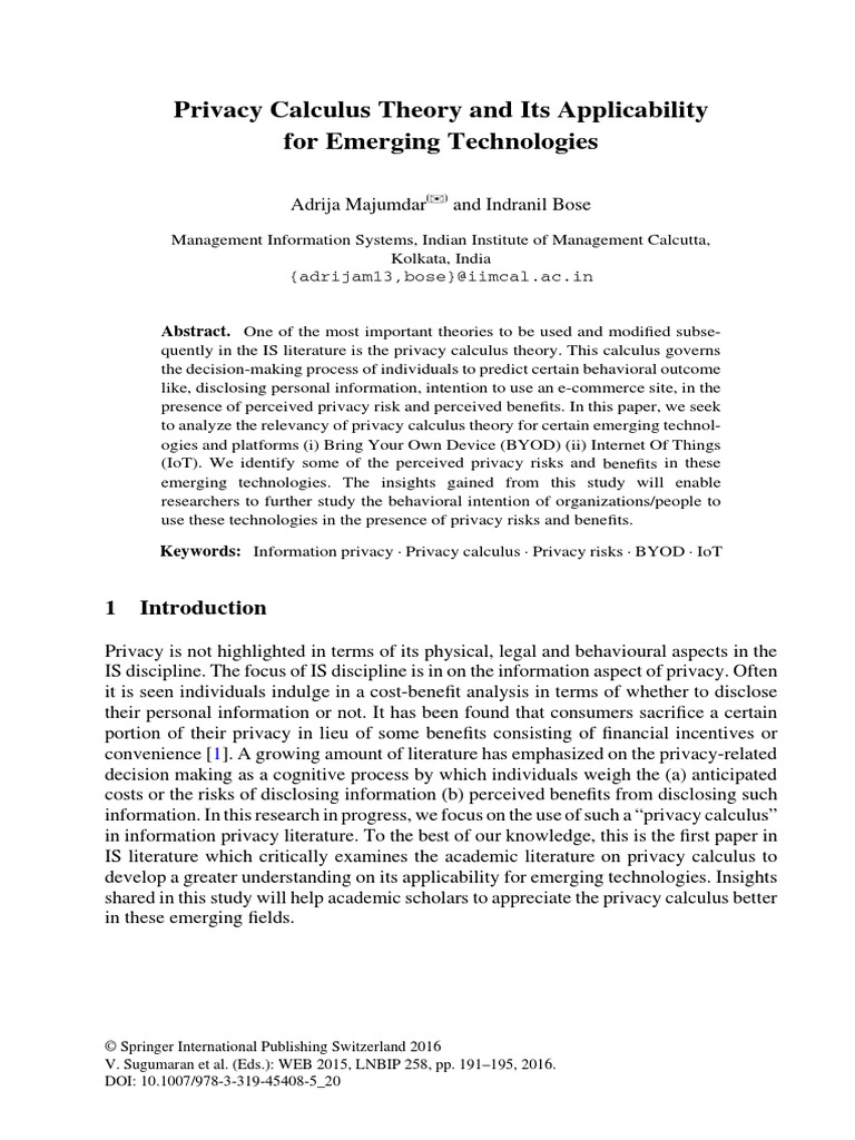 Privacy Calculus Theory and Its Applicability for Emerging Technologies ...
