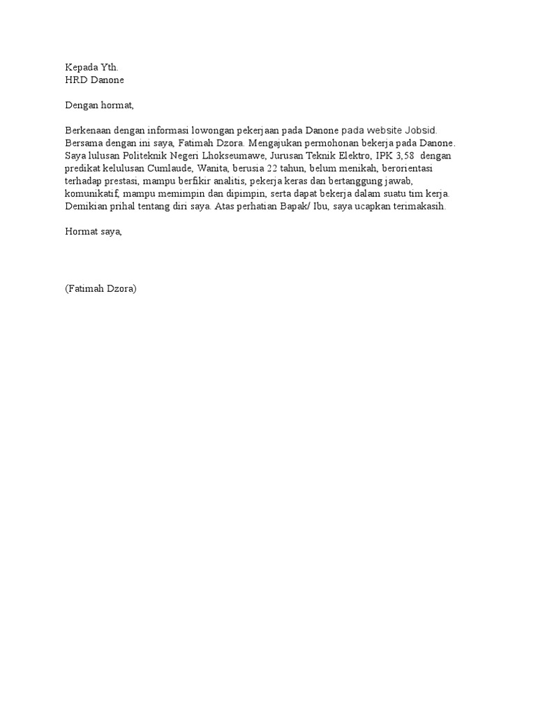 Surat Lamaran Danone | PDF