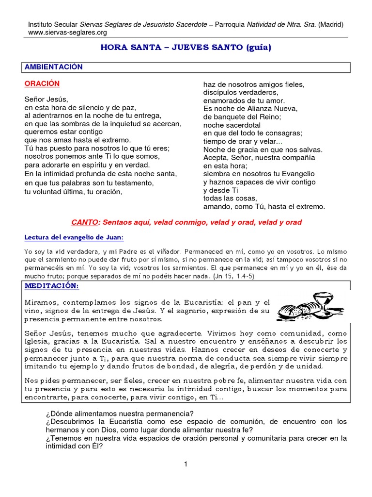 Hora Santa – Jueves Santo (Guía): Ambientación | Oración | eucaristía