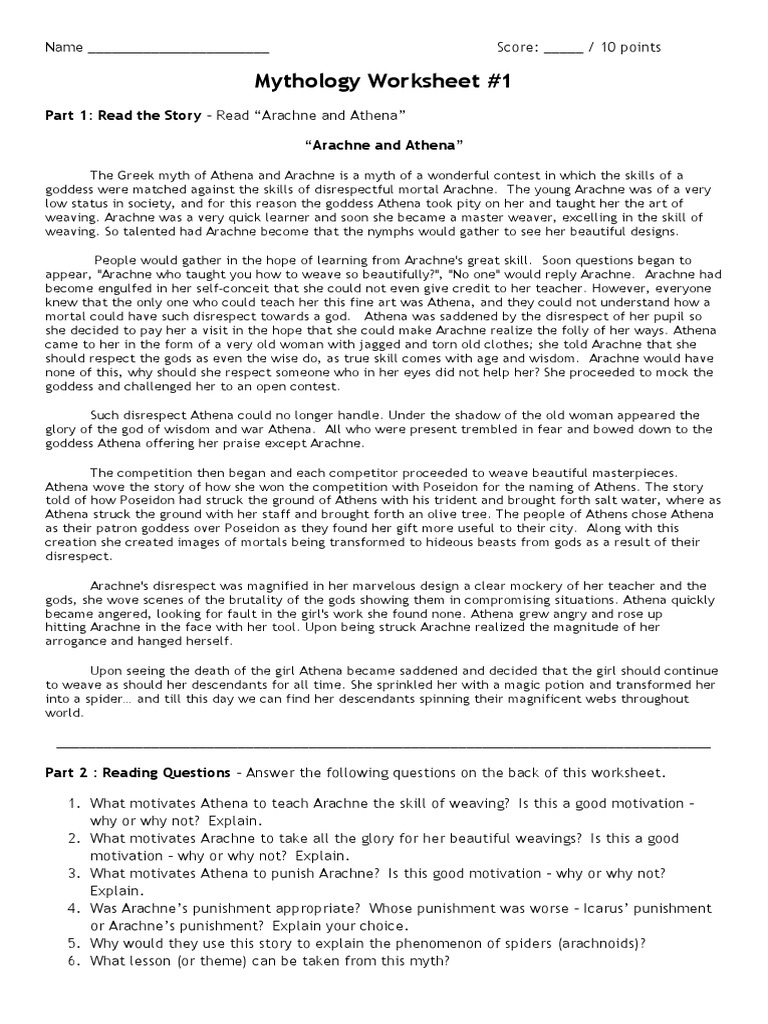 Mythology Worksheet #1: Part 1: Read The Story - Read "Arachne and ...