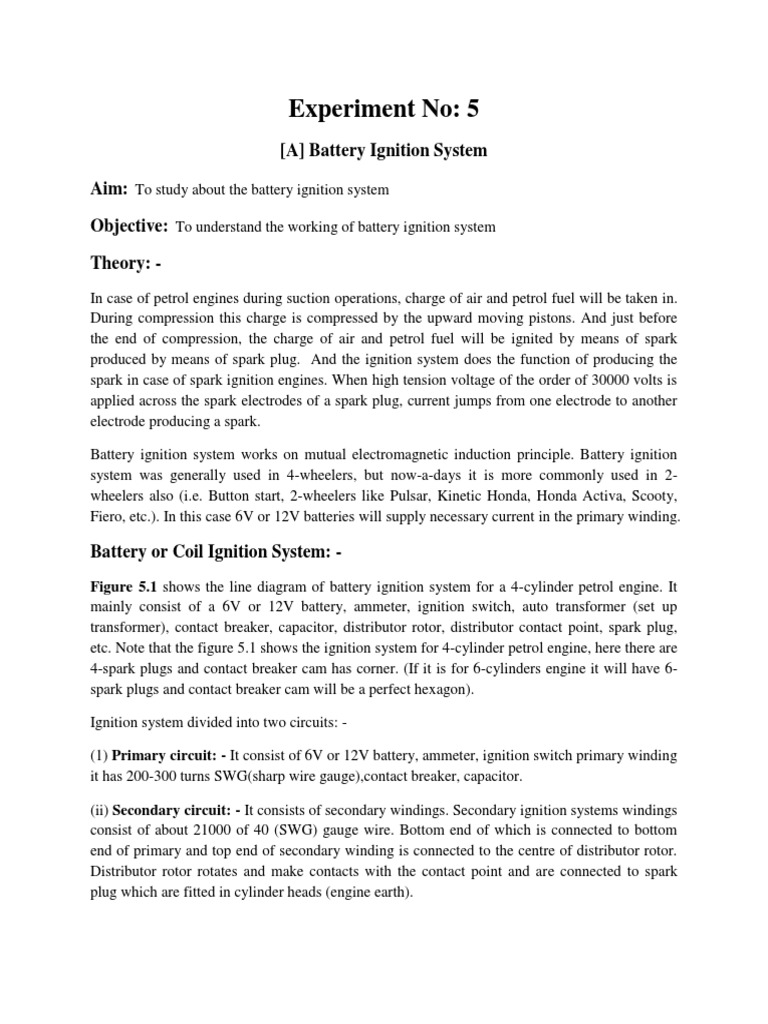 Experiment No: 5: (A) Battery Ignition System Aim: Objective: Theory ...
