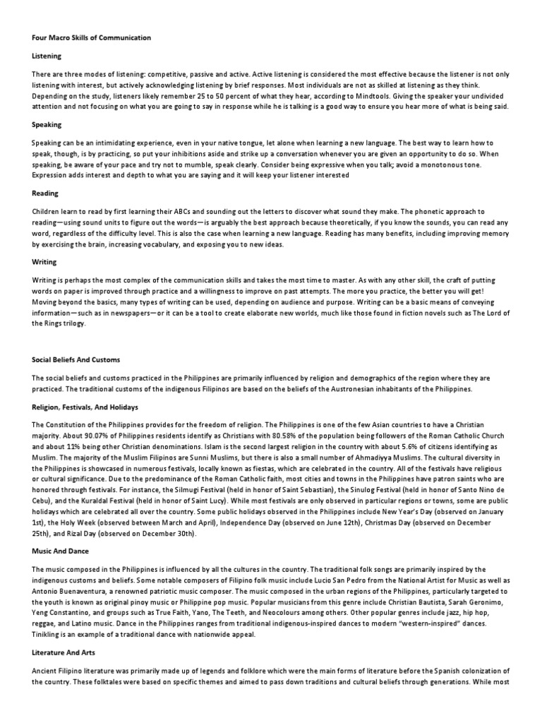 Four Macro Skills of Communication | PDF | Festival | Philippines