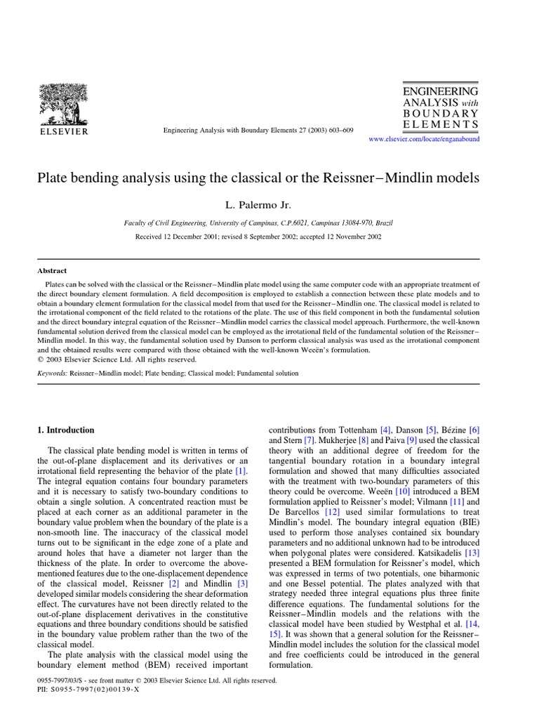 Plate Bending Analysis Using The Classical or The Reissner - Mindlin ...
