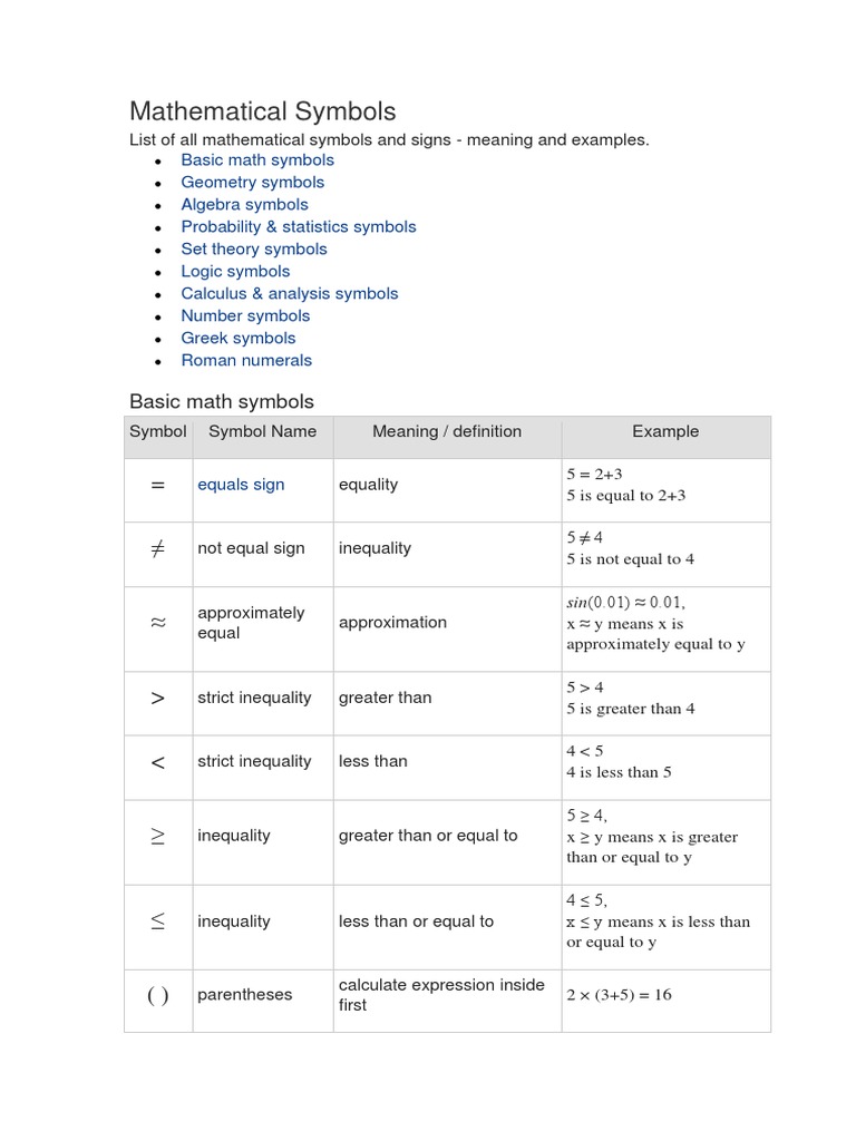 Mathematical Symbols | PDF | Minute And Second Of Arc | Set (Mathematics)