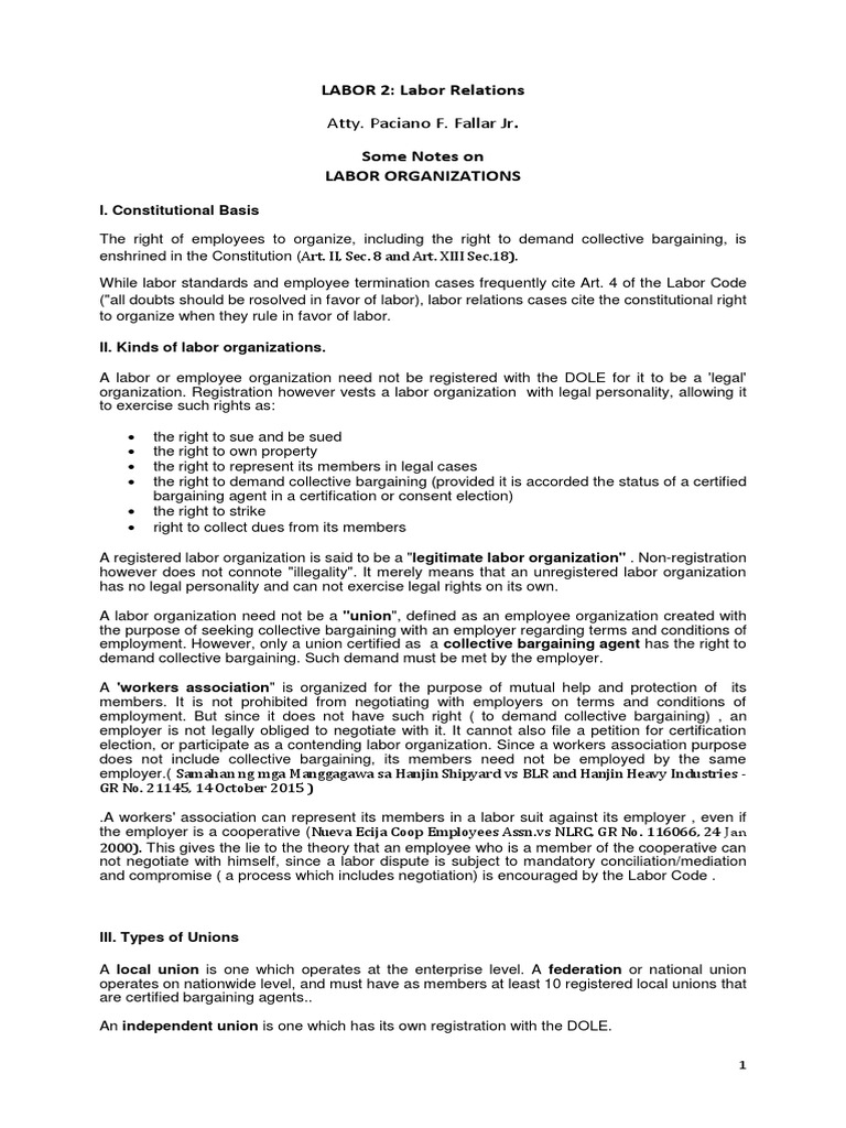 Notes On Labor Organizations | PDF | Trade Union | Collective Bargaining