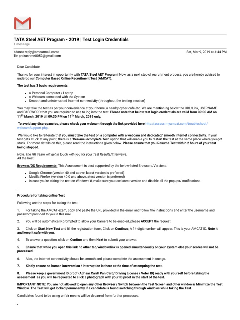 Gmail - TATA Steel AET Program - 2019 - Test Login Credentials | PDF ...