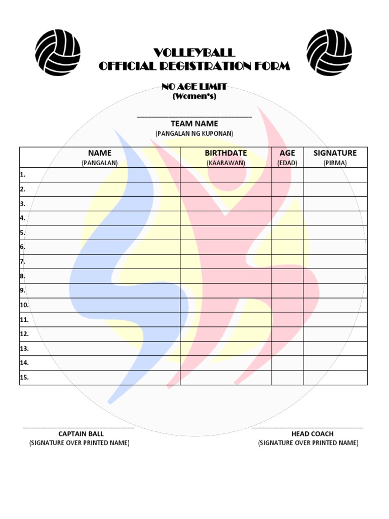 Volleyball Official Registration Form: Team Name | PDF