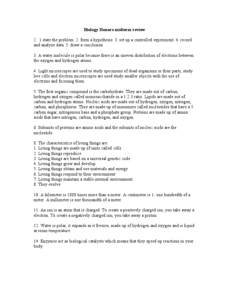 Biology Honors Midterm Review | PDF | Cell (Biology) | Life