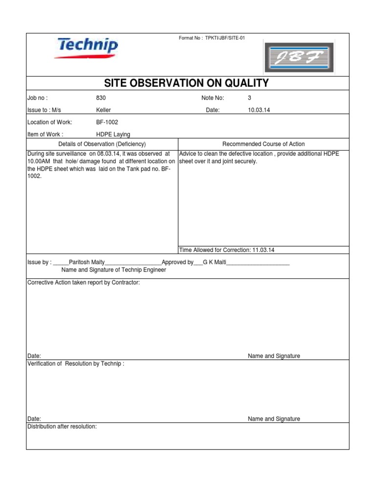 Site Observation On Quality: Format No: TPKTI/JBF/SITE-01 | PDF