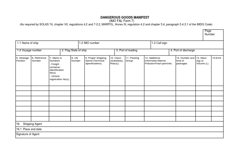 Dangerous Goods Manifest: (IMO FAL Form 7) | PDF