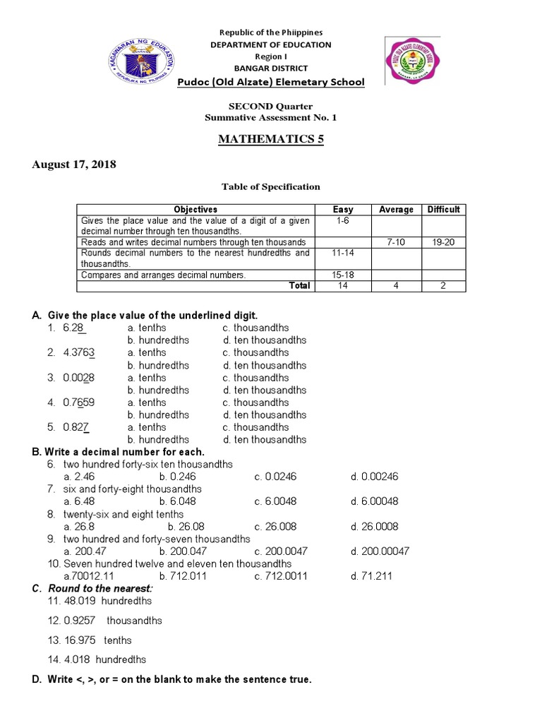 1st Summative Test Math 5 | PDF | Numbers | Learning
