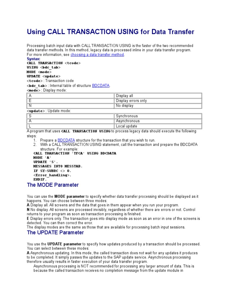 Using CALL TRANSACTION USING For Data Transfer: The MODE Parameter | Download Free PDF ...