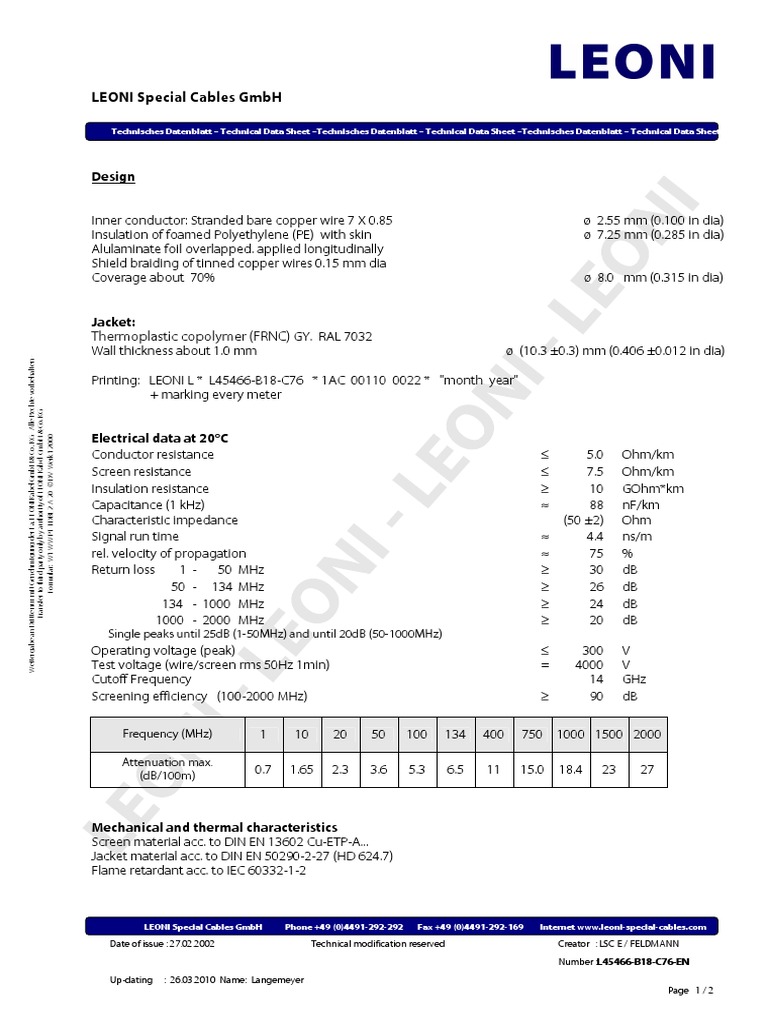 Leoni Coaxial Cable 50 Ohm Type | PDF | Coaxial Cable | Electromagnetism