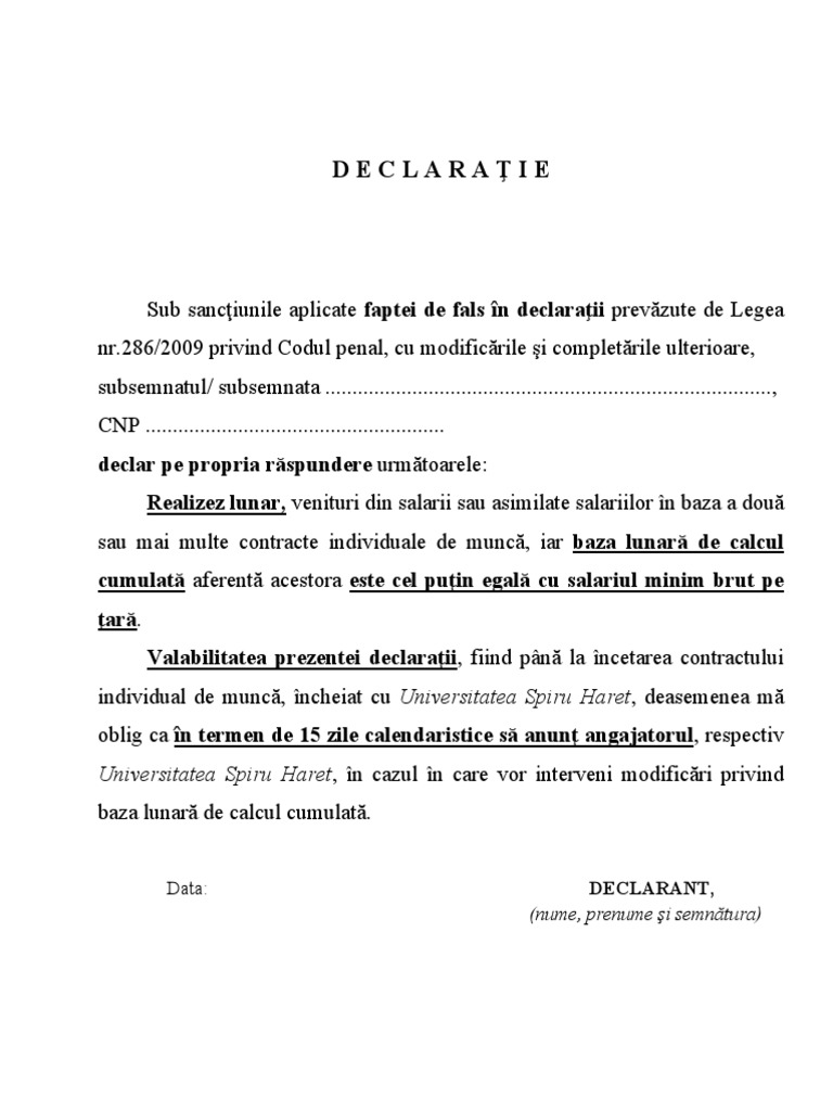 Declaratie Pe Propria Raspundere SUNT Angajat | PDF