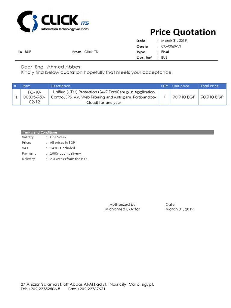 Price Quotation: Dear Eng. Ahmed Abbas Kindly Find Below Quotation Hopefully That Meets Your ...