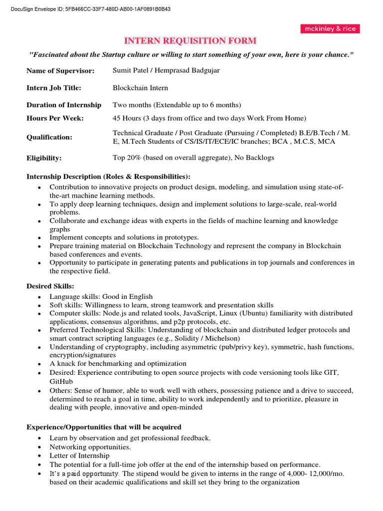 BlockChain - Intern Requisition Form | PDF | Internship | Job Hunting