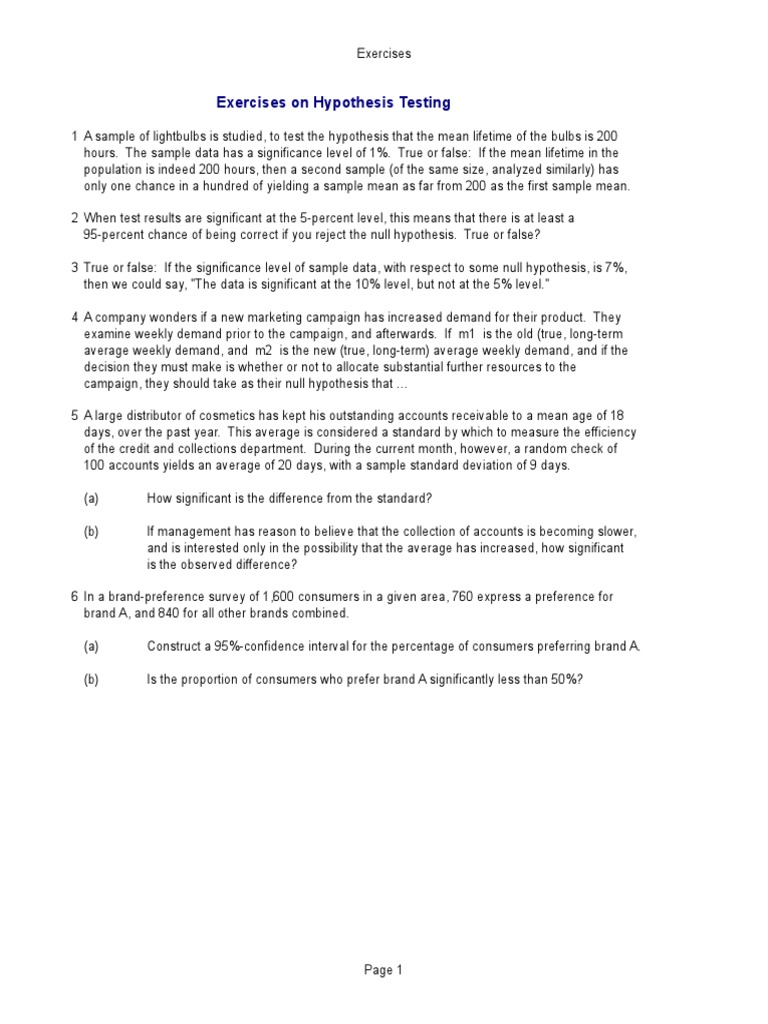 Hypothesis Testing Exercises and Answers | PDF | Statistical ...