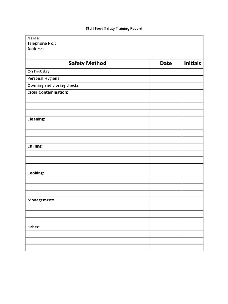 Staff Food Safety Training Record | PDF