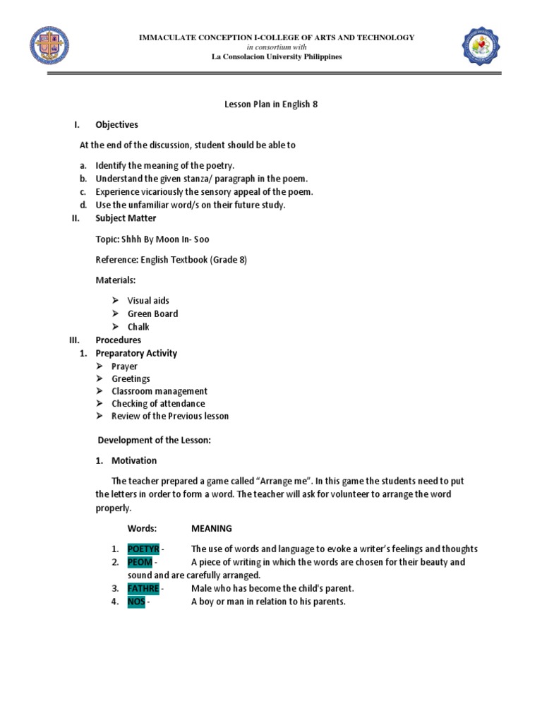 Lesson Plan Poem Grade 8 | PDF | Poetry | Teachers