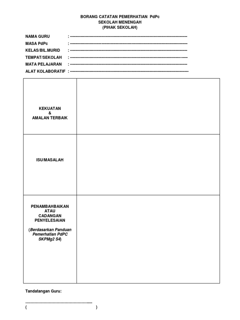 Borang Catatan Pemerhatian PDPC Pihak Sekolah | PDF