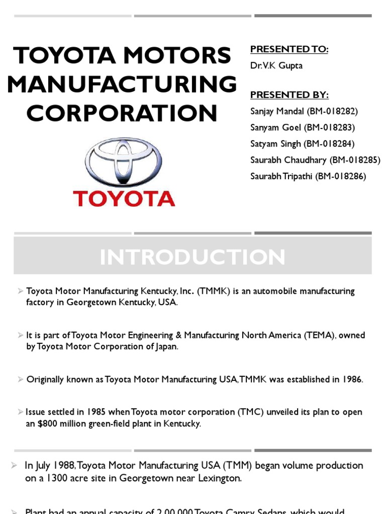 Toyota Motors Manufacturing Corporation: Presented To | Download Free ...