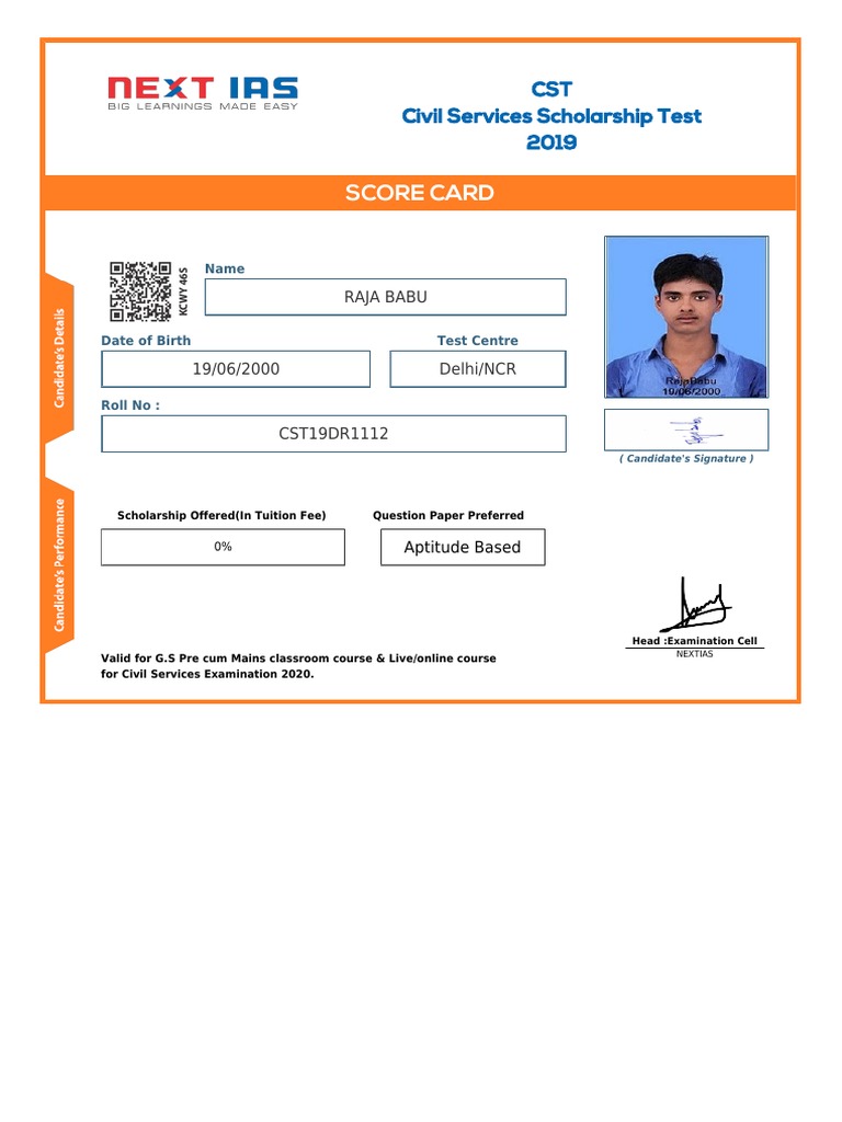 Score Card: CST Civil Services Scholarship Test 2019 | PDF