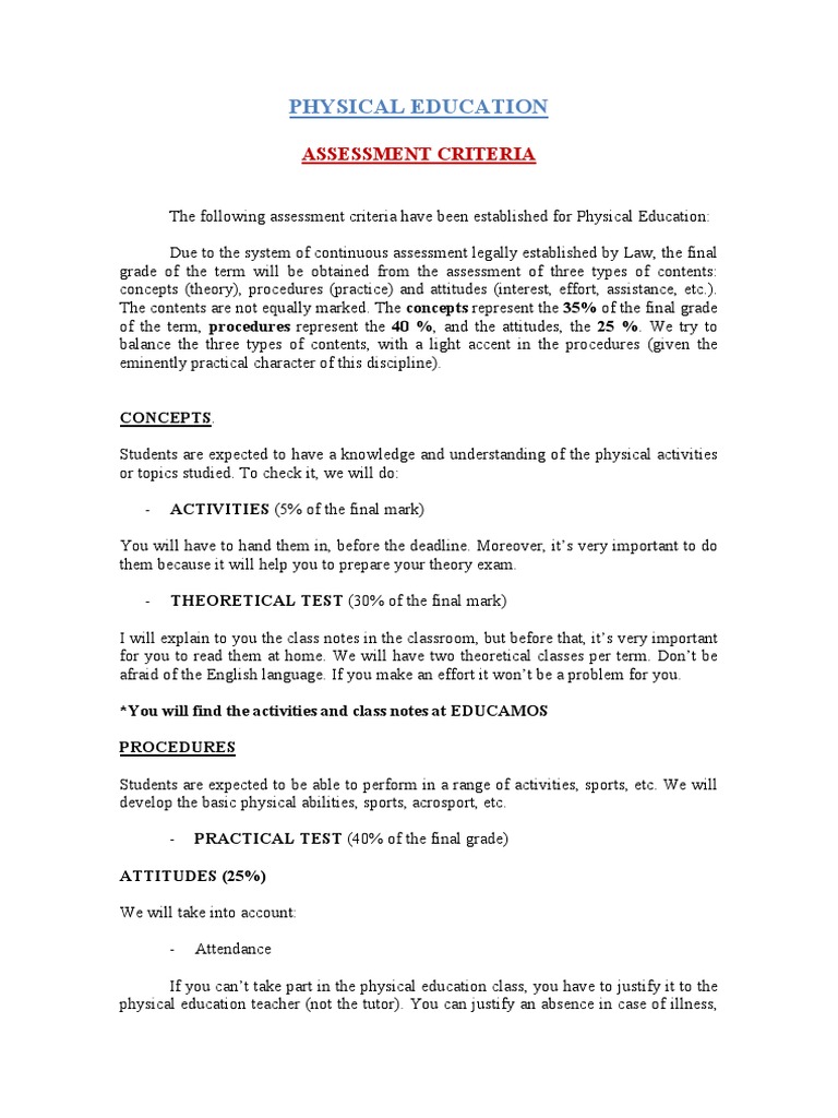 Physical Education: Assessment Criteria | PDF | Educational Assessment ...