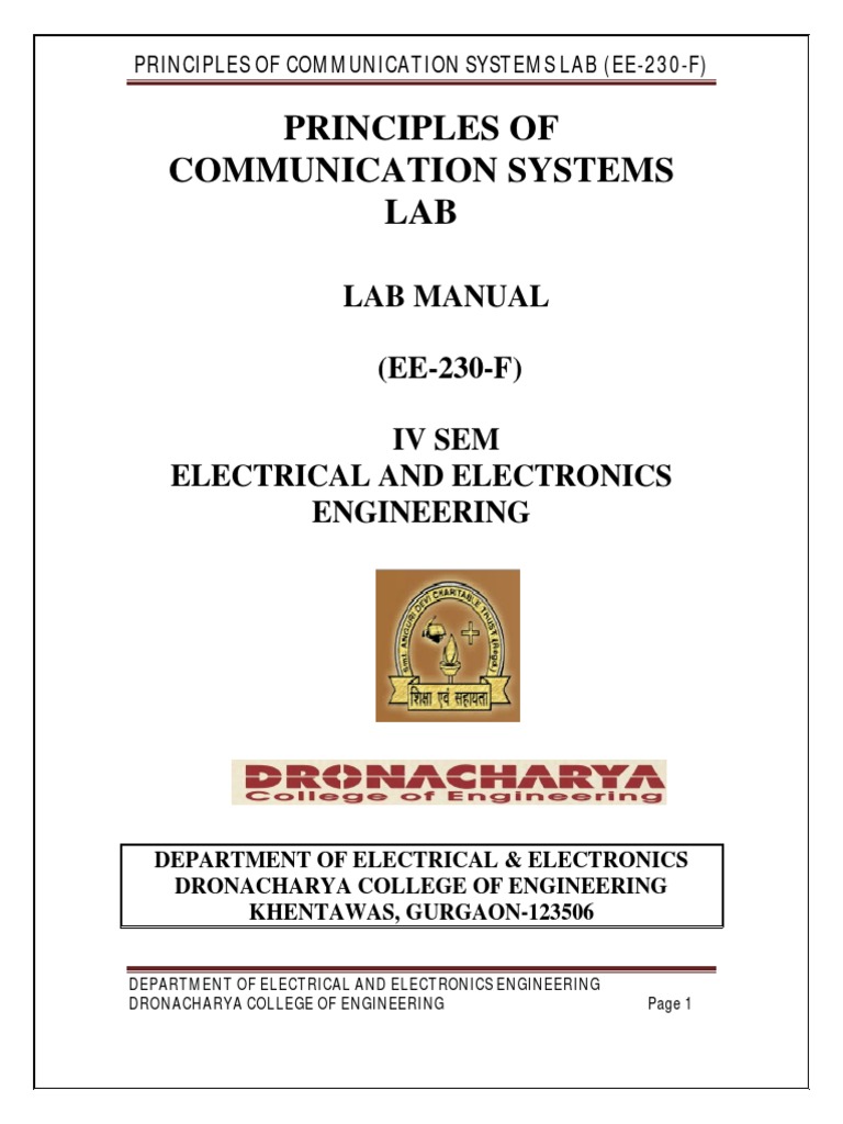 Principles of Communication Systems LAB: Lab Manual (EE-230-F) Iv Sem Electrical and Electronics ...