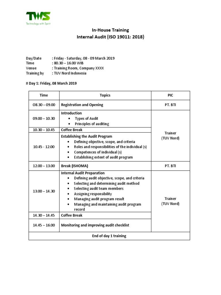 Internal Audit Training Schedule and Outline (Sample) | PDF | Internal ...