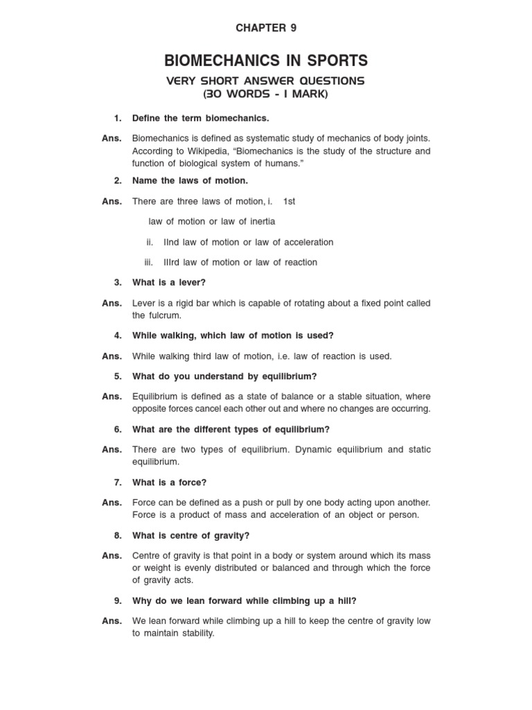 Biomechanics in Sports: Very Short Answer Questions (30 Words - 1 Mark ...