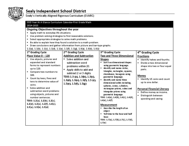 1st Grade Math Year at A Glance | PDF | Shape | Teaching Mathematics