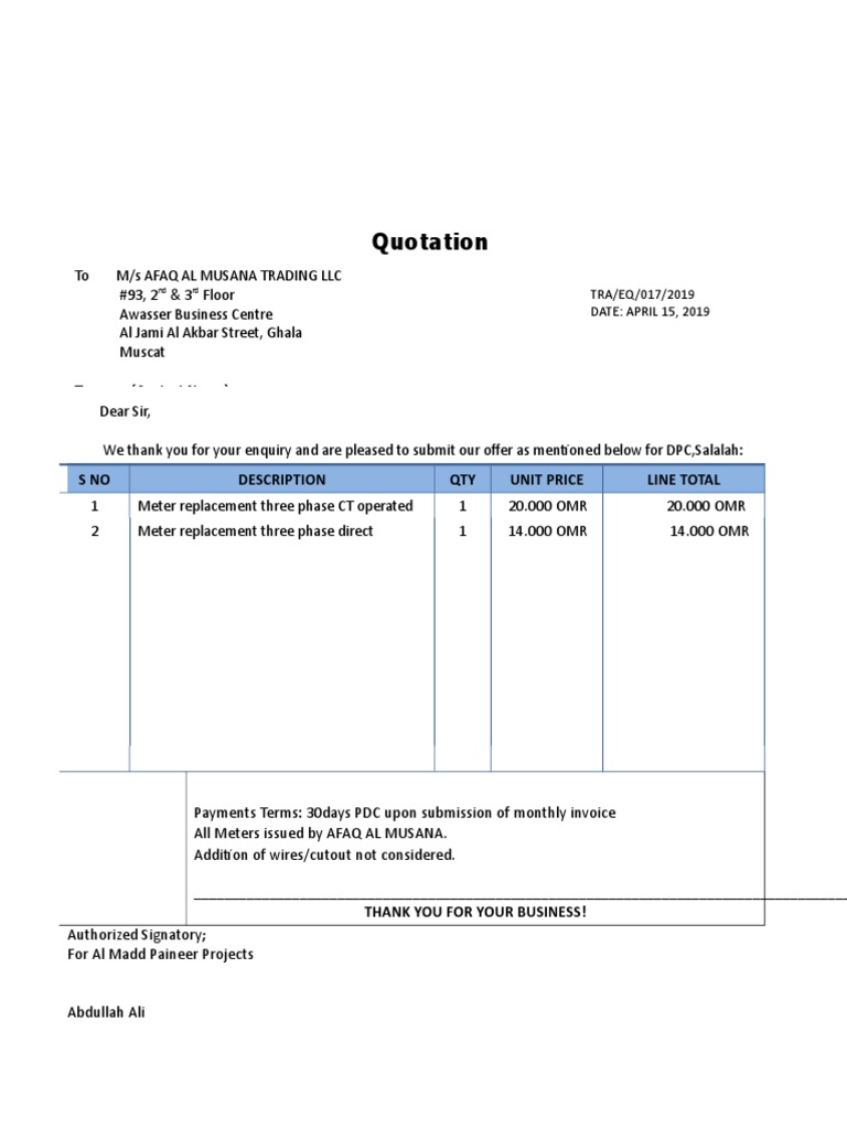 Quotation for Meter Replacement in Salalah | PDF