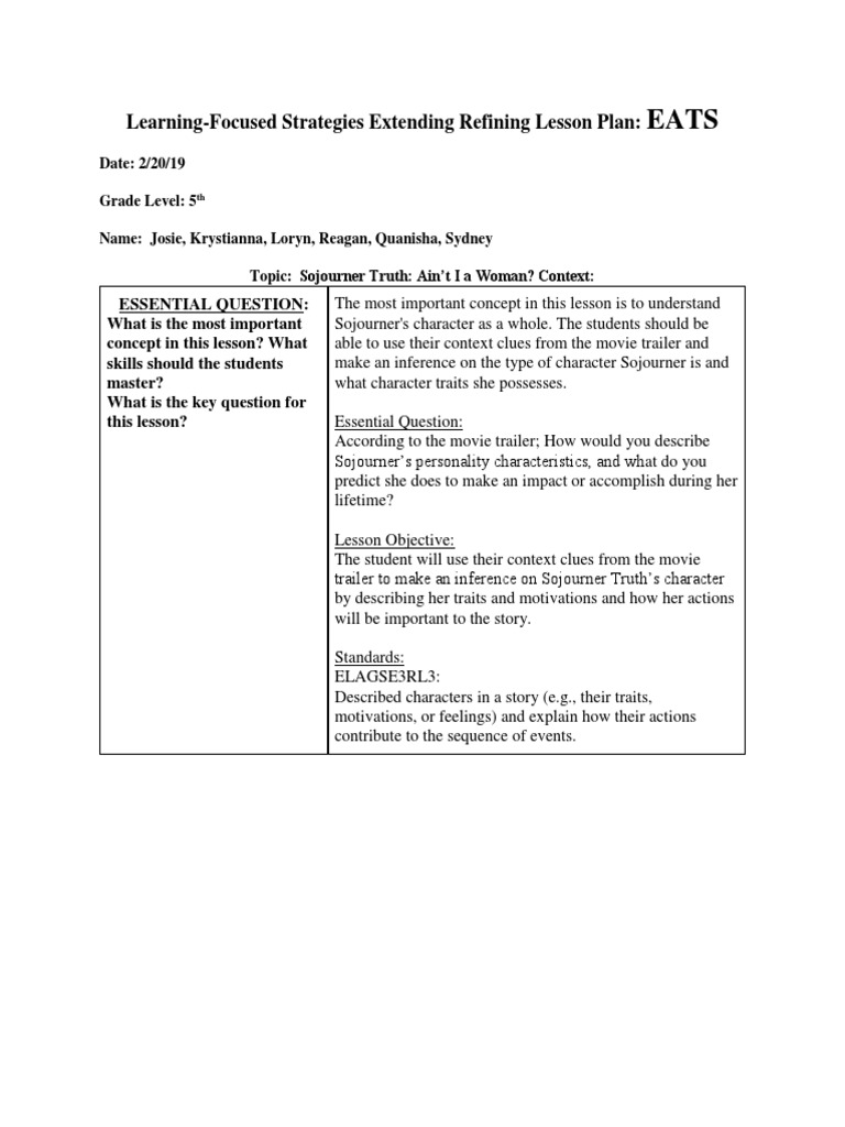 Group Project Mini Lesson Sojourner Truth | PDF | Teachers | Lesson Plan