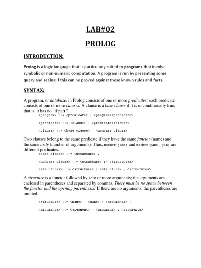 Prolog Lab Explains Logic Programming Language Syntax | PDF