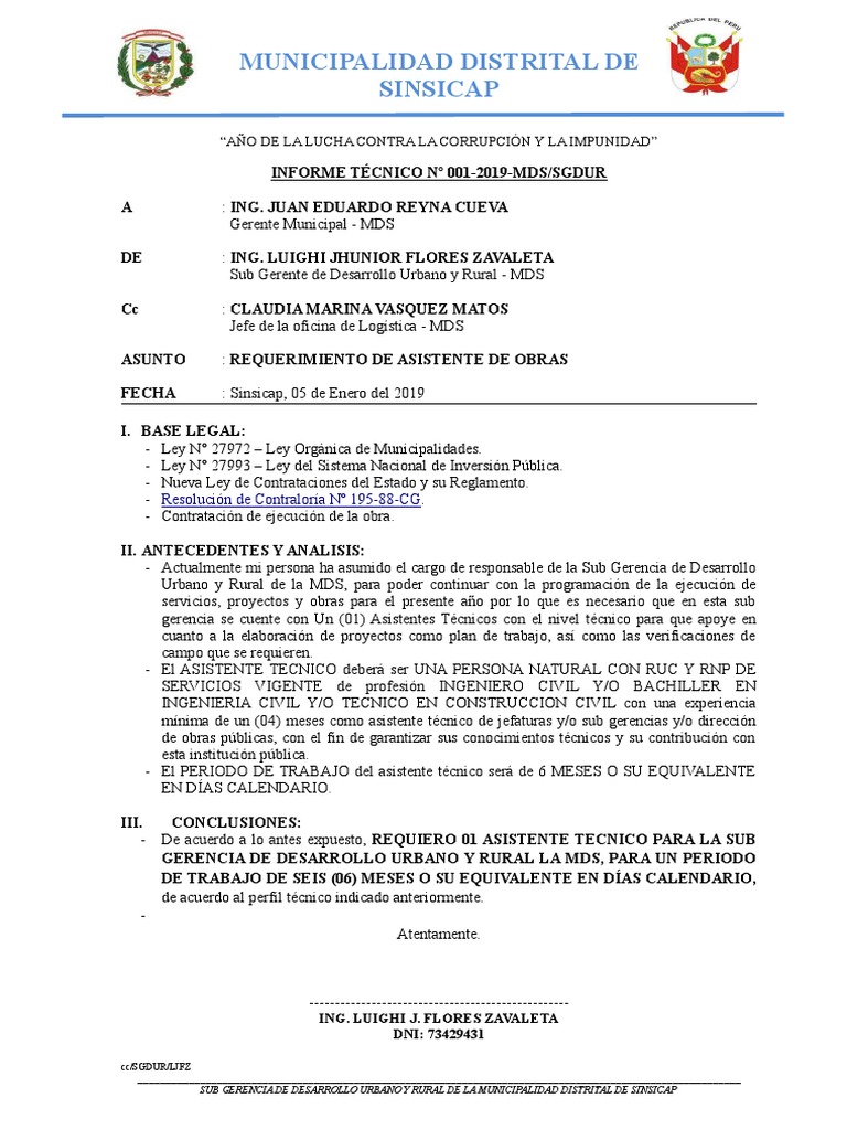 Informe #001-2019-Req de Asistente de Obras | PDF | Gobierno