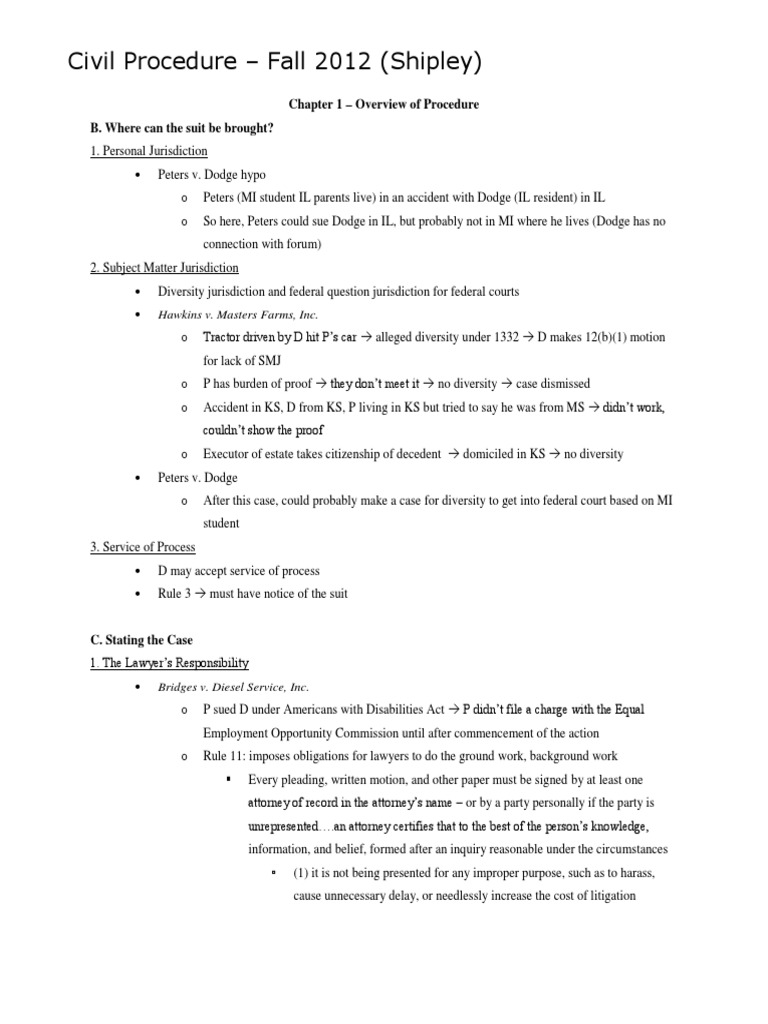 Civil Procedure Outline | PDF | Minimum Contacts | Personal Jurisdiction