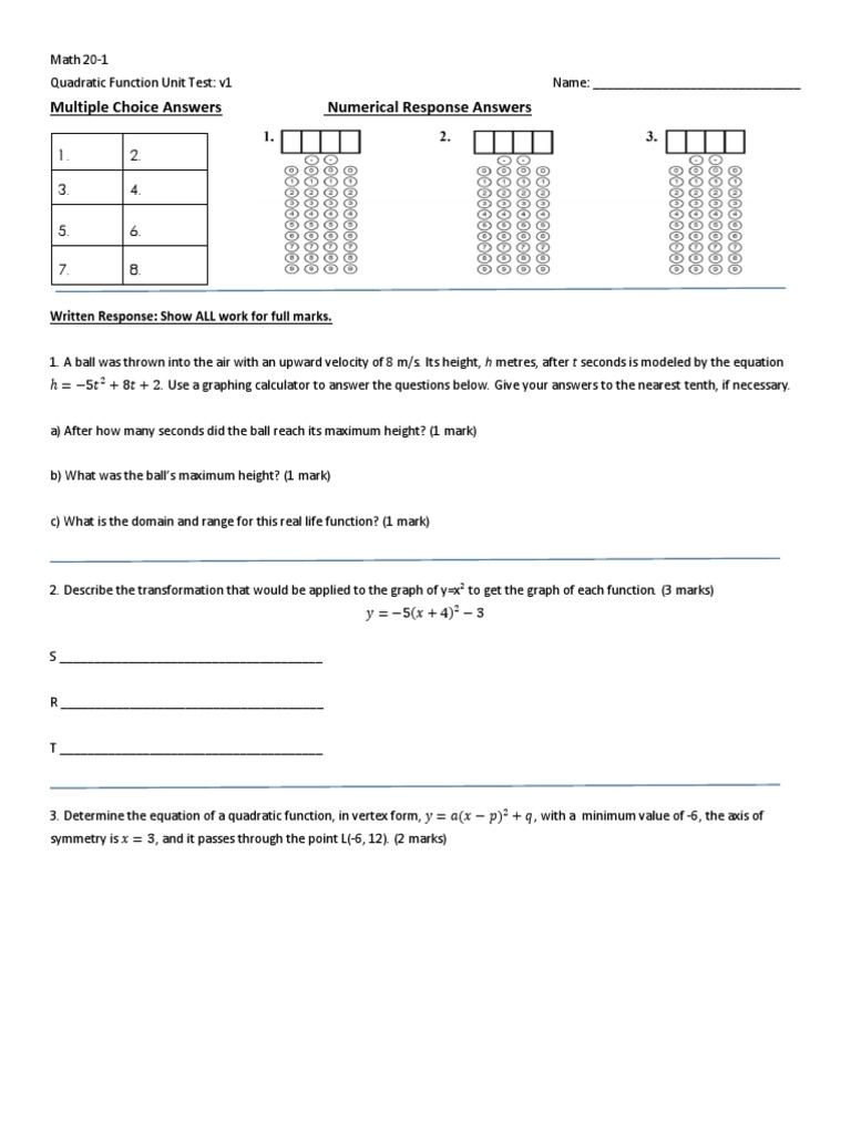 Multiple Choice Answers Numerical Response Answers | PDF | Mathematical ...
