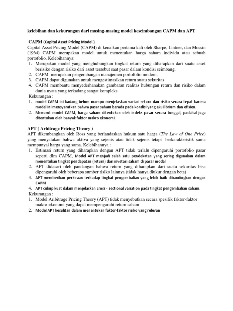 Kelebihan Dan Kekurangan Dari Masing Capm Dan Apt | PDF