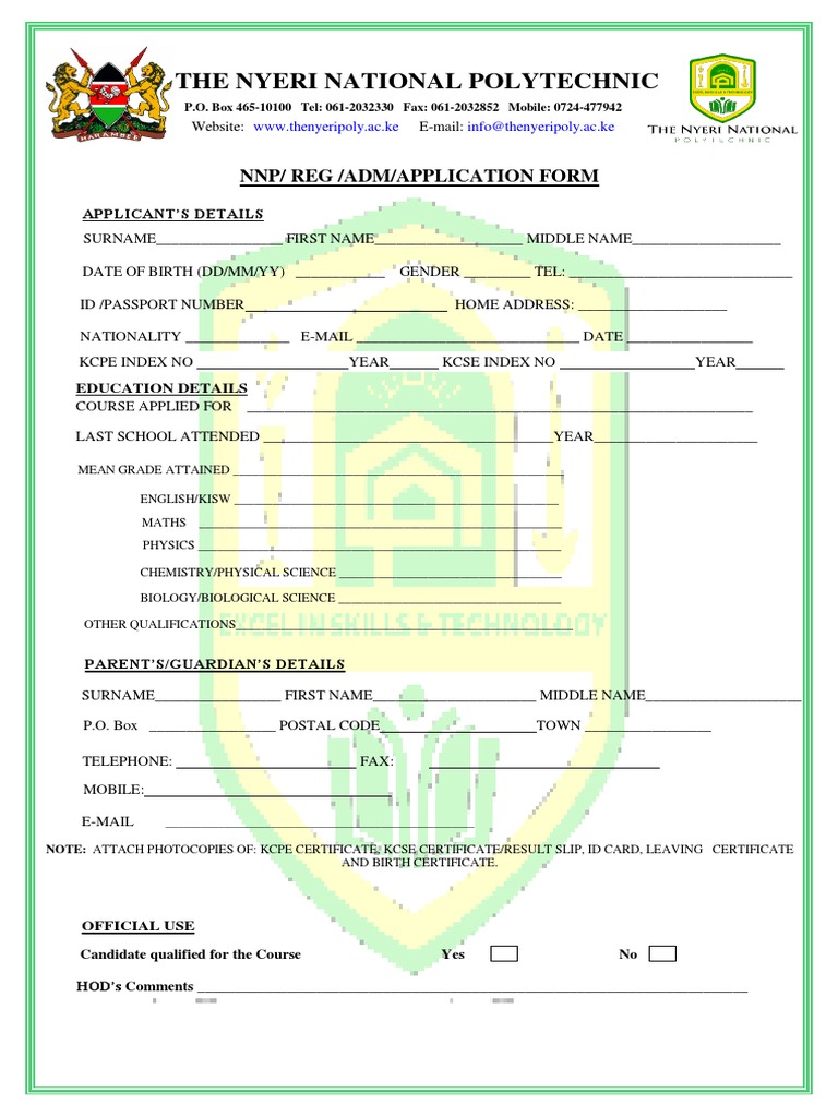 The Nyeri National Polytechnic: NNP/ Reg /Adm/Application Form | PDF