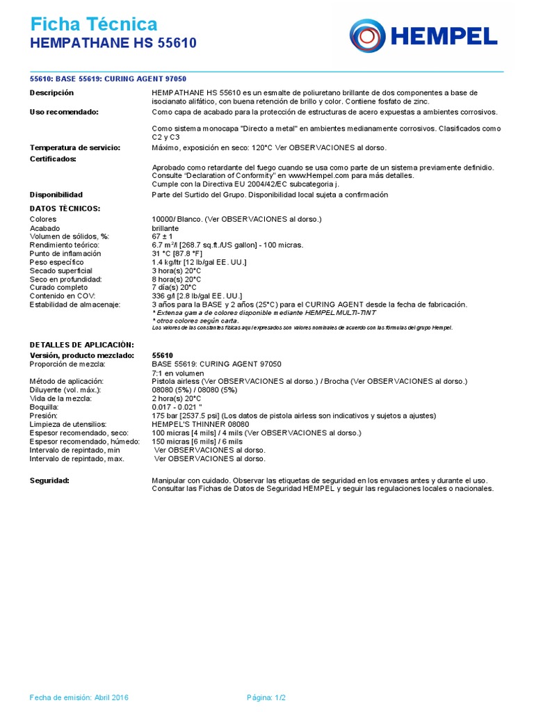 Ficha Técnica HEMPATHANE HS 55610 | PDF | Aluminio | Pintar