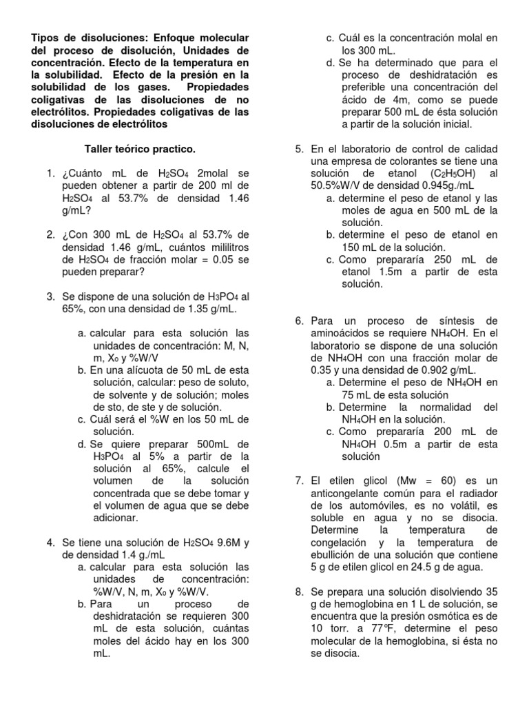 Taller Teorico Practico Tipos de Disoluciones 4to Año | PDF | Concentración | Química Física