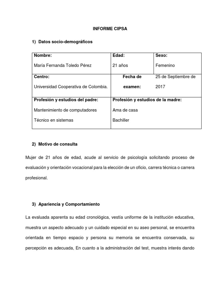 Informe Cipsa | PDF | Prueba (evaluación) | Sicología